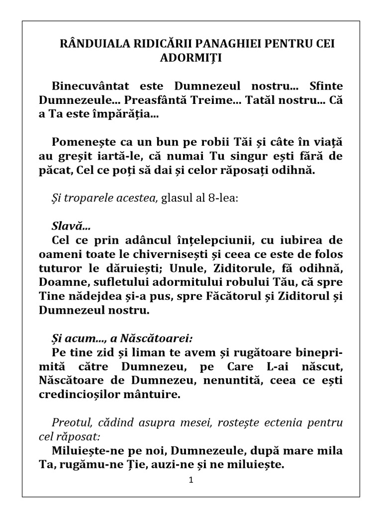 Rânduiala Ridicării Panaghiei Pentru Cei Adormiți | PDF