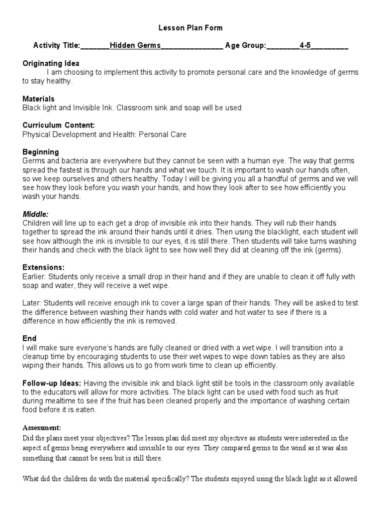 Lesson Plan Personal Care | PDF