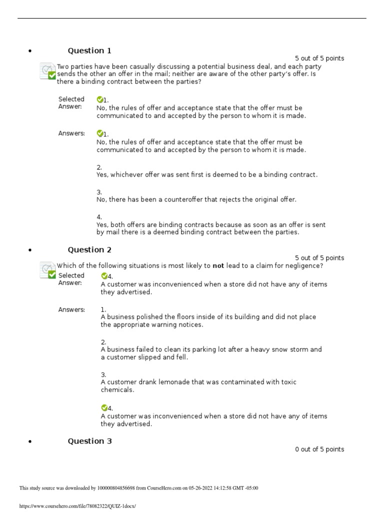 Quiz # 1 - Spring 2022 | PDF | Precedent | Consideration