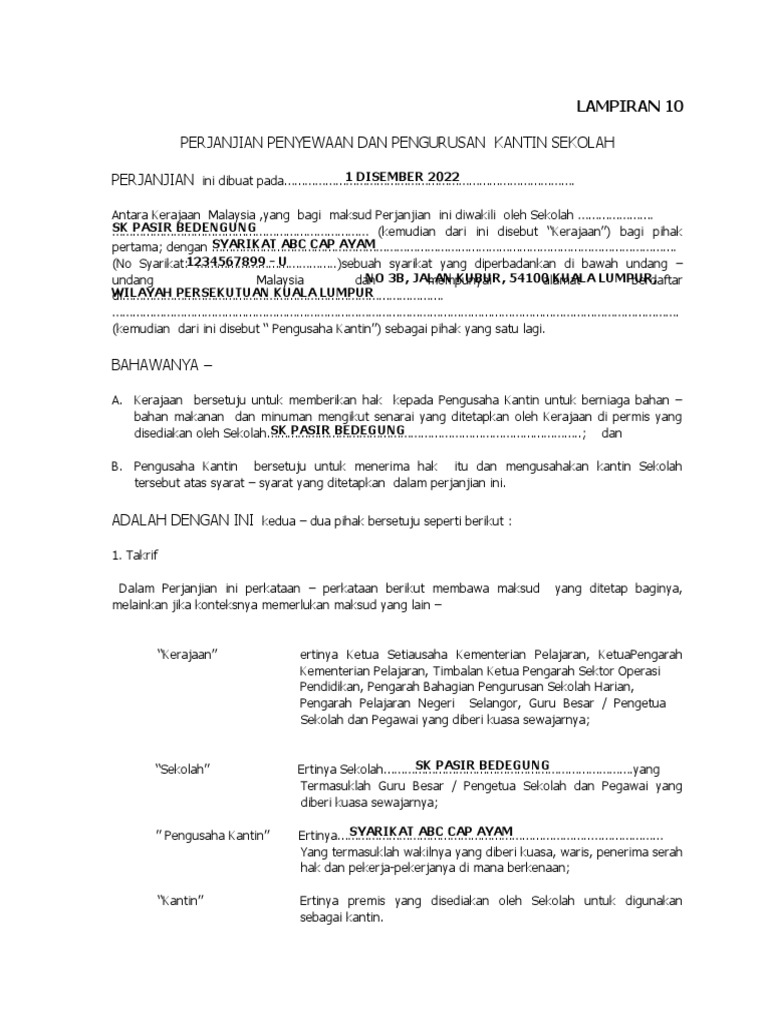 Perjanjian Kantin Lampiran 10 BAHARU Syarikat ABC Cap Ayam | PDF