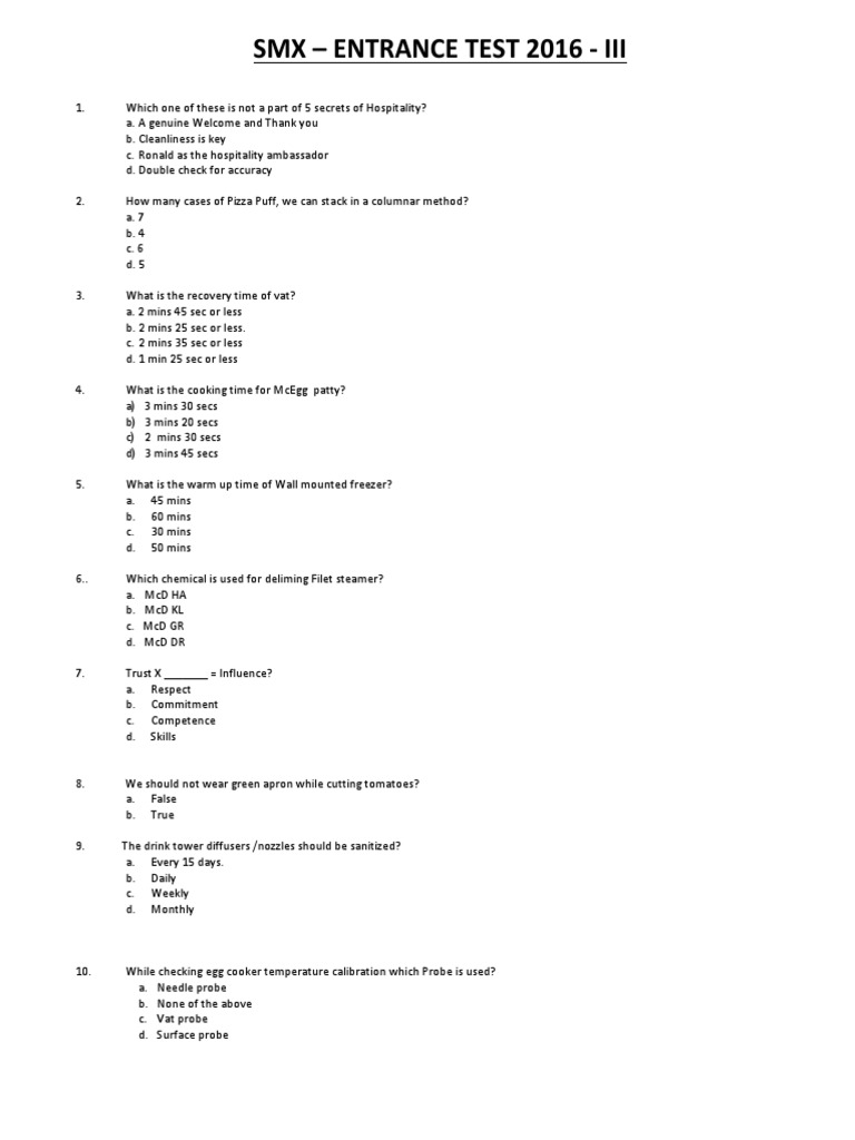 SMX 2016 Entrance Test Questions | PDF | Food And Drink | Foods