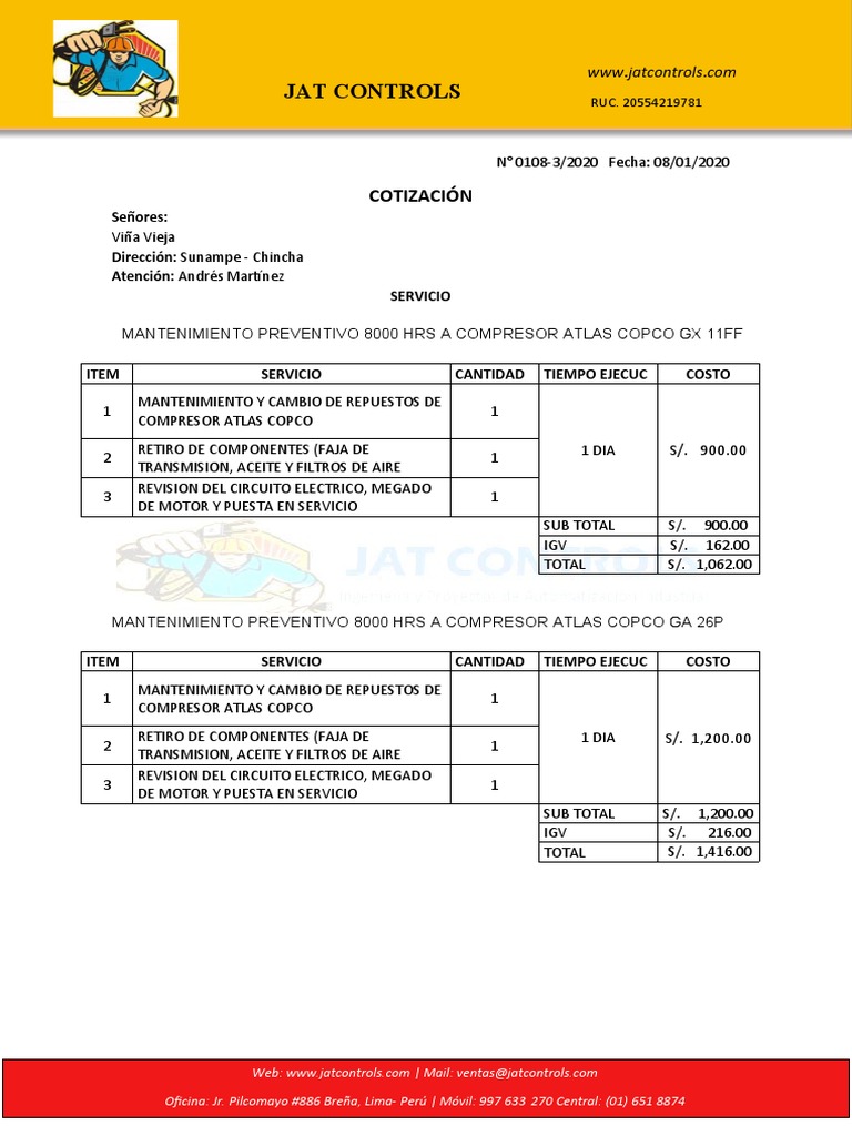 Cotización Mantenimiento Atlas Copco | PDF | Tecnología