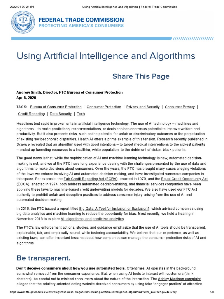 Using Artificial Intelligence and Algorithms - Federal Trade Commission ...