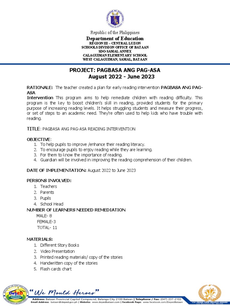 Project Pagbasa: Reading Intervention 2022 | PDF | Teachers | Pedagogy