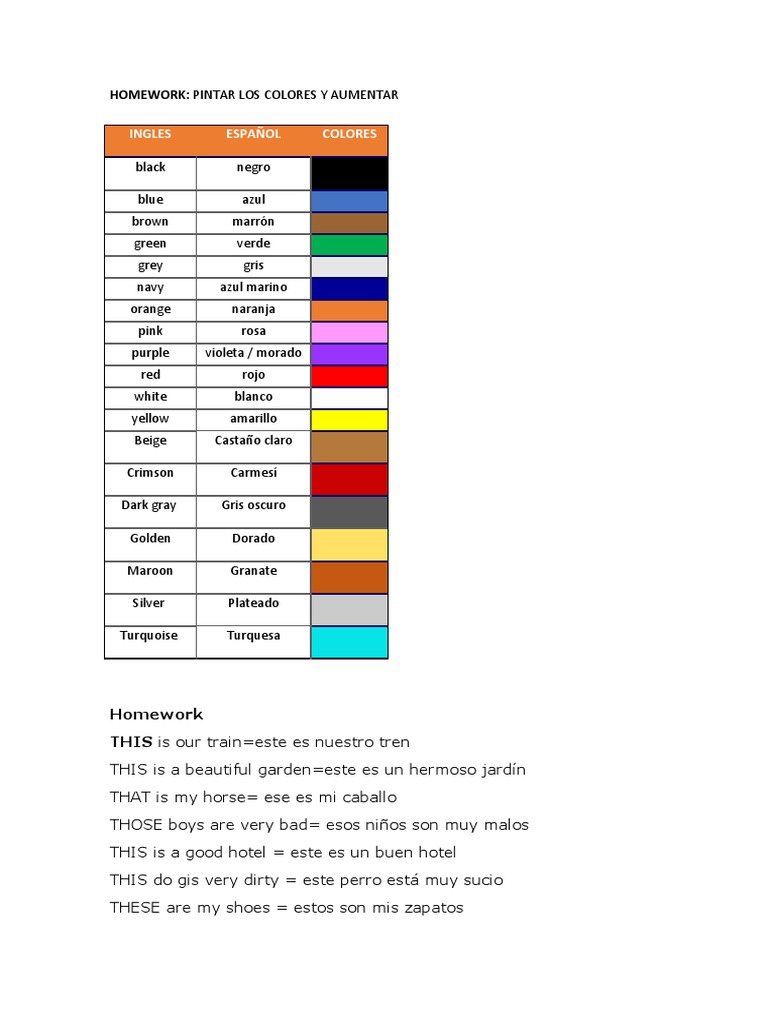 Vocabulario Inglés-Español: Colores y Preposiciones | PDF | Color ...