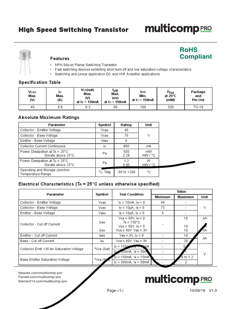 High Speed Switching Transistor: Features | PDF | Bipolar Junction ...