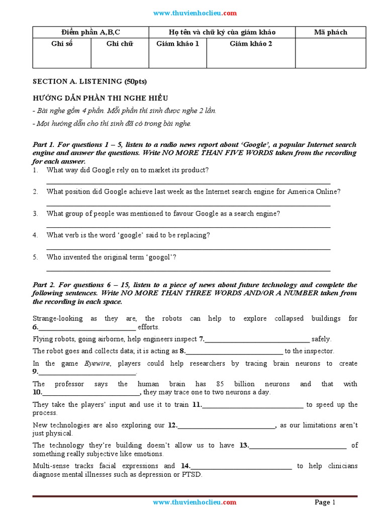 De Thi HSG Tieng Anh 12 Chuyen Quang Nam 2019 2020 | PDF | Sunglasses | Glasses