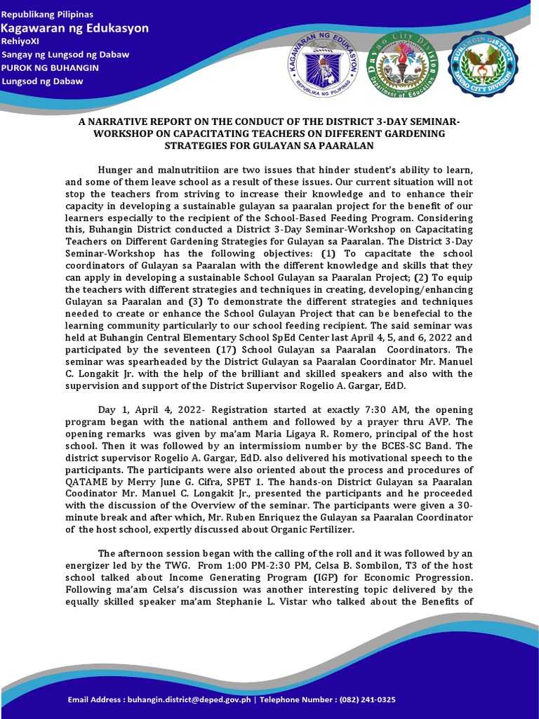 Gulayan Sa Paaralannarrative Report | PDF | Behavior Modification | Cognitive Science