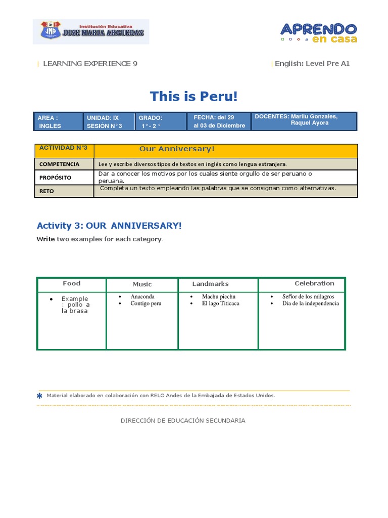 Actividades de Inglés sobre Perú para Niños | PDF