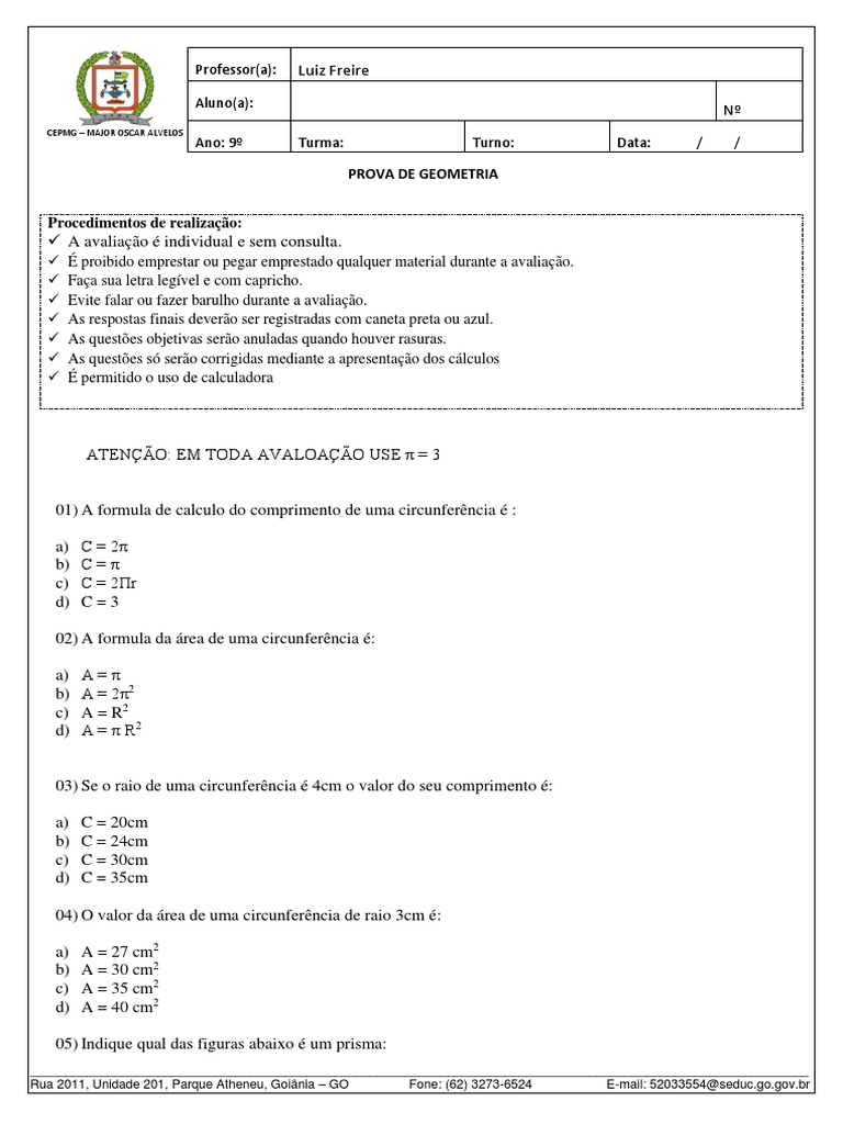 Prova 9 Ano GEOMETRIA CERTA | PDF | Formas geométricas | Geometria Euclidiana