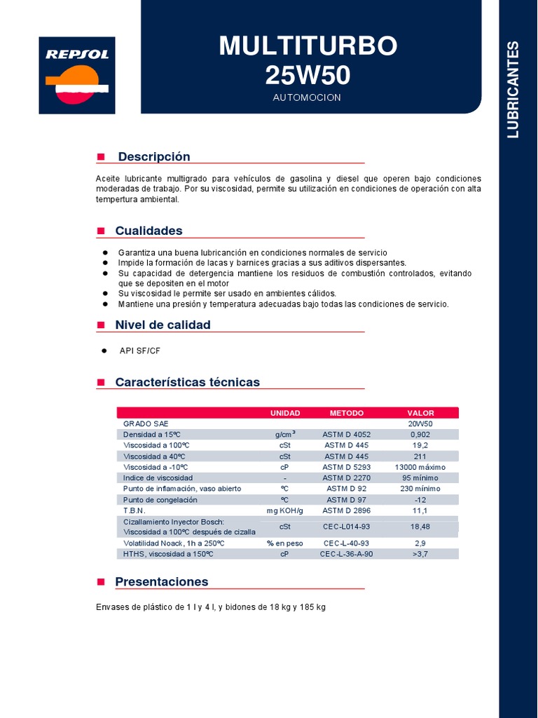Repsol Multiturbo 25W50 | PDF | Agua | Lubricante