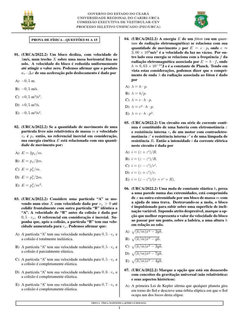 Prova I Fis Mat Qui e Bio | PDF | Éster | Gravidade