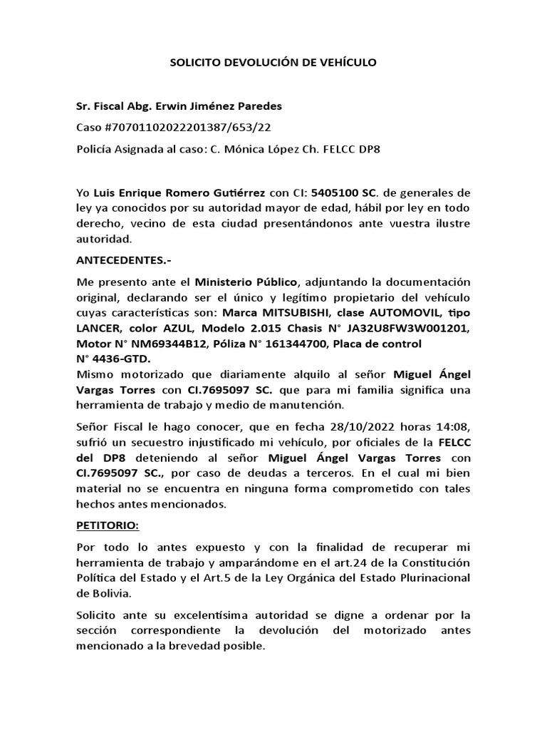 Memorial para Devolucion de Vehiculo | PDF