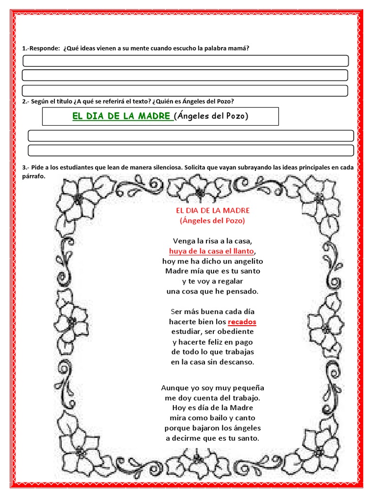 Ficha De Aplicacion Poema A Mama Pdf