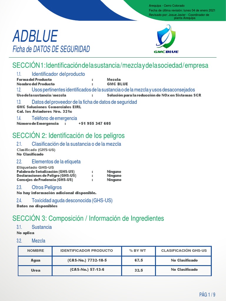 Ficha de Seguridad de AdBlue GMC Blue | PDF
