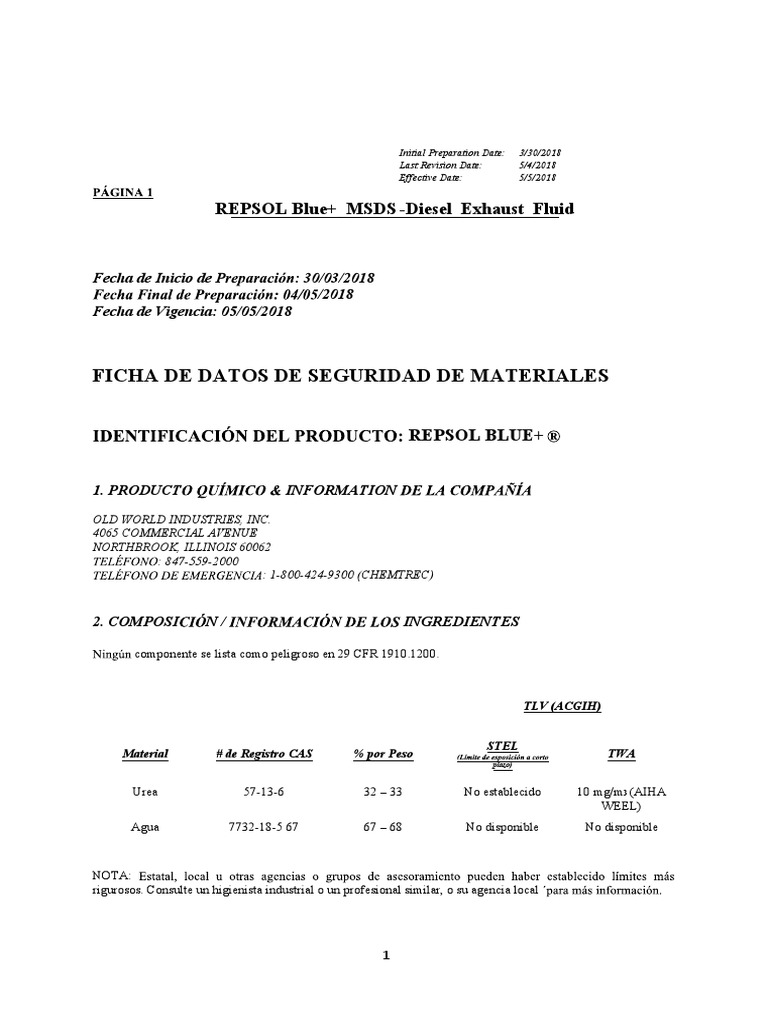 MSDS RP Blue+2019 - Ad Blue X 20LT Urea | Descargar gratis PDF | Agua | Química