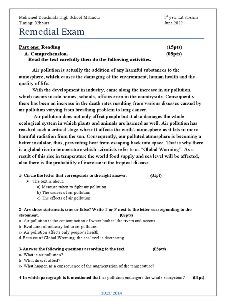 Remedial Exam | PDF | Atmosphere Of Earth | Pollution