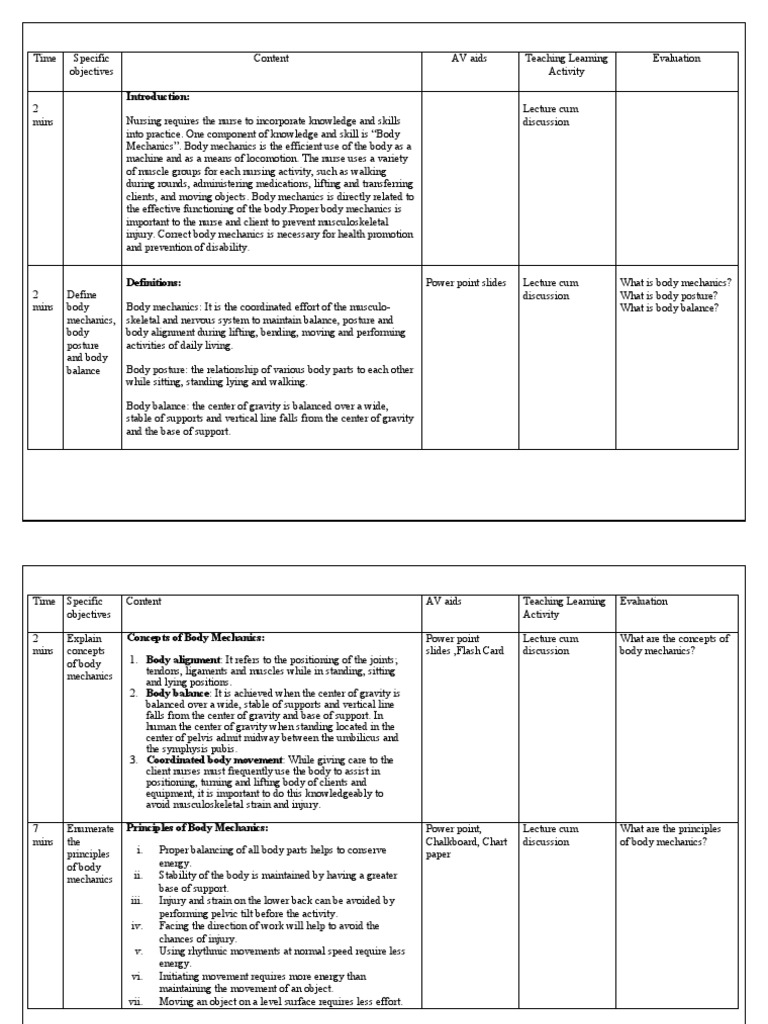 Body Mechanics Lesson Plan | PDF | Pelvis | Nursing
