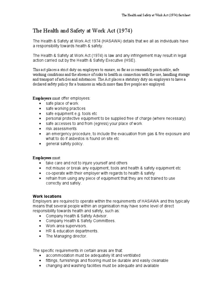 Health and Safety at Work Act 1974 - Factsheet | PDF