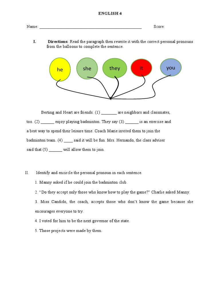 ENGLISH 4 Quiz Personal Pronouns | PDF