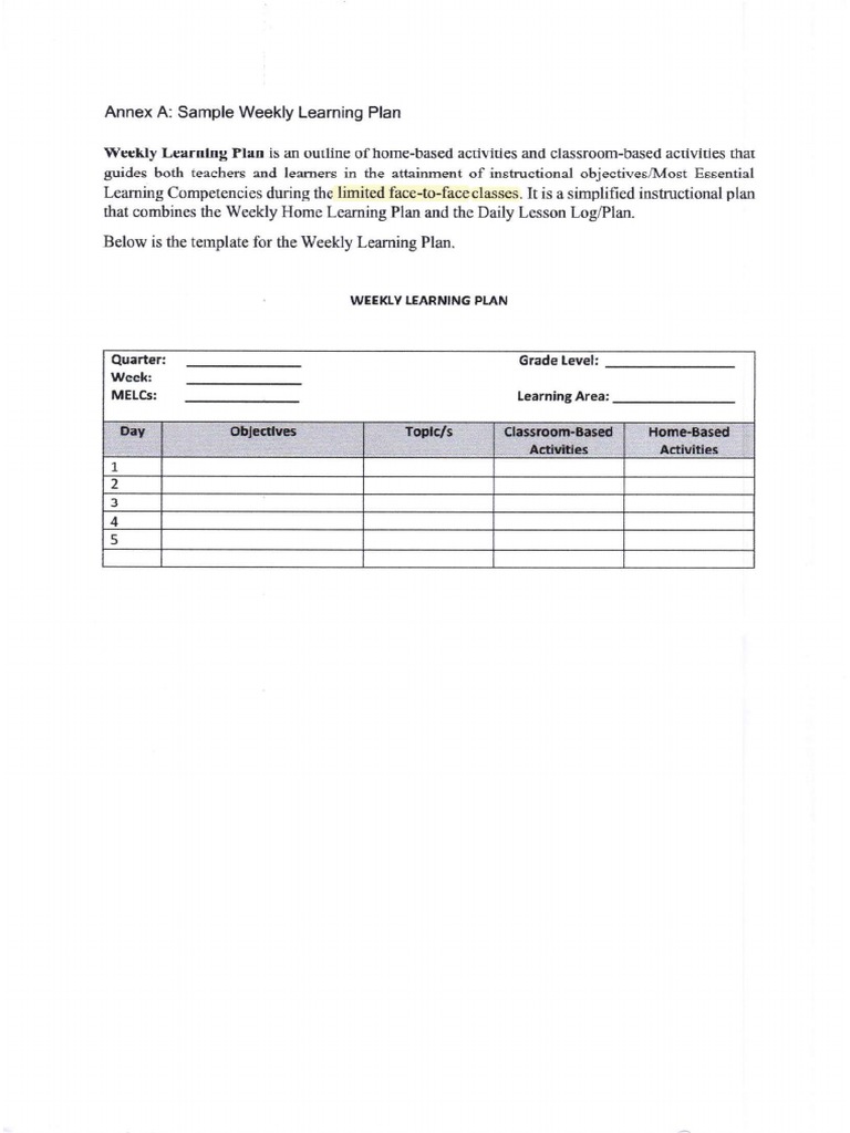 SAMPLE Weekly Learning Plan | PDF