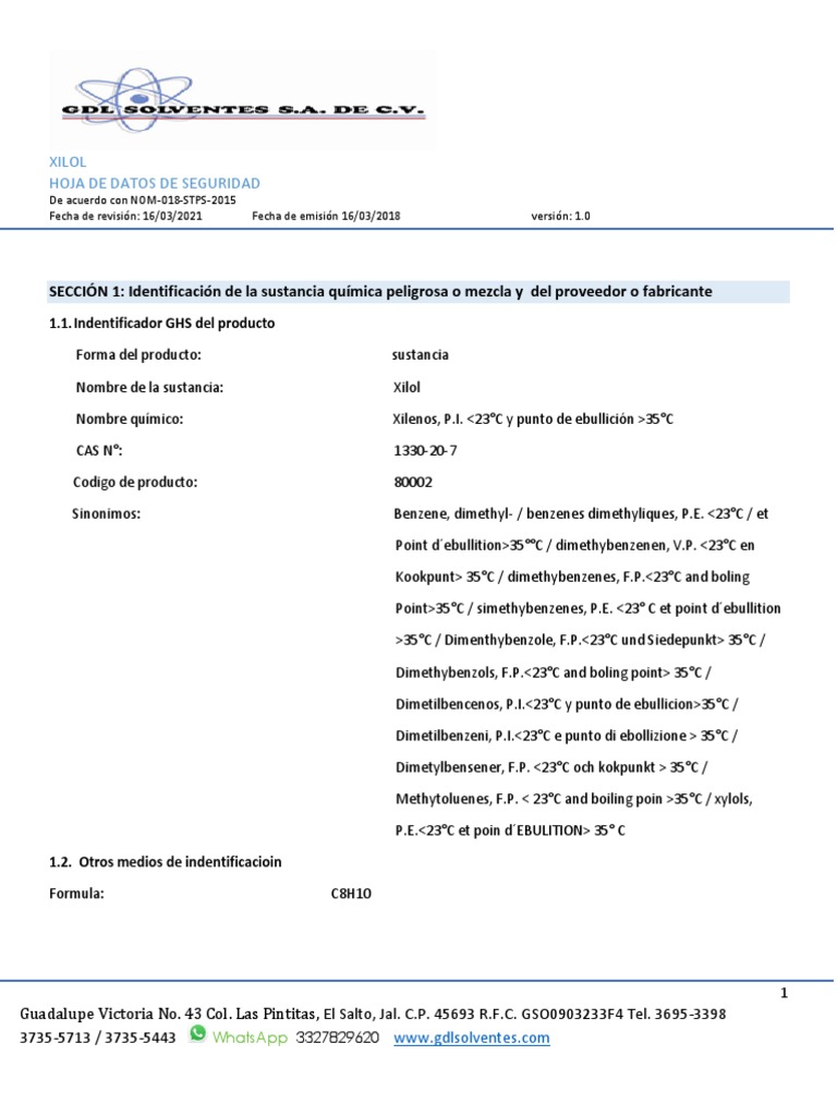 Hoja de Datos de Seguridad Xilol | PDF