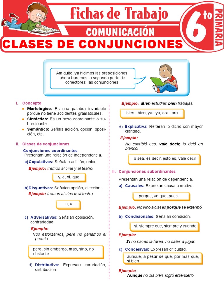 Clases de Conjunciones para Sexto Grado de Primaria | PDF | Morfología Lingüística | Relaciones ...