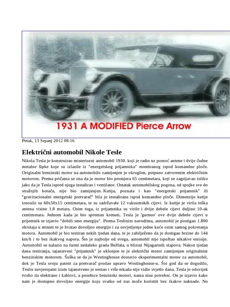 Električni Automobil Nikole Tesle | PDF