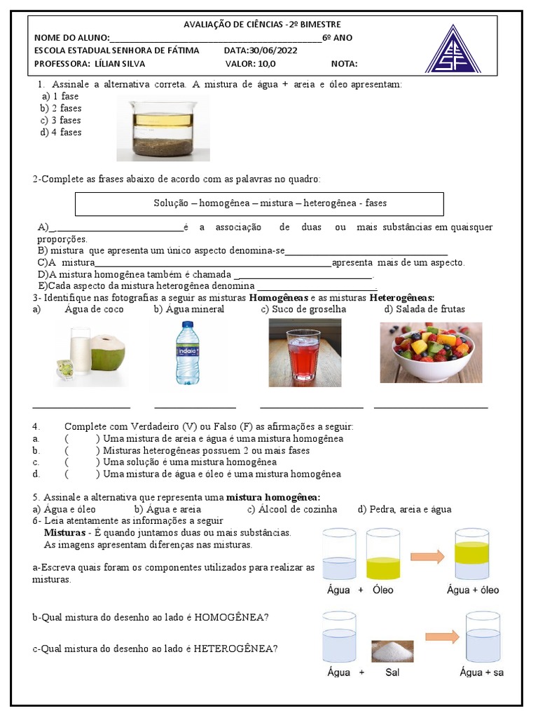 Atividade Sobre Tipos De Misturas