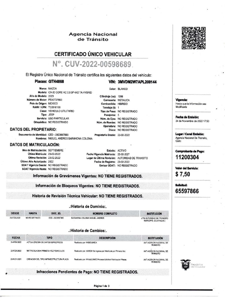 Certificado Único Vehicular | PDF