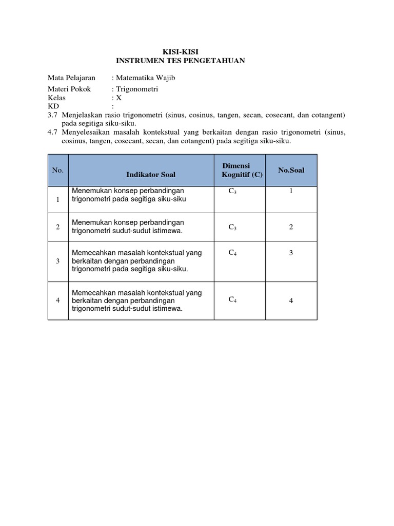 Kisi-Kisi Dan Instrumen Tes Pengetahuan | PDF