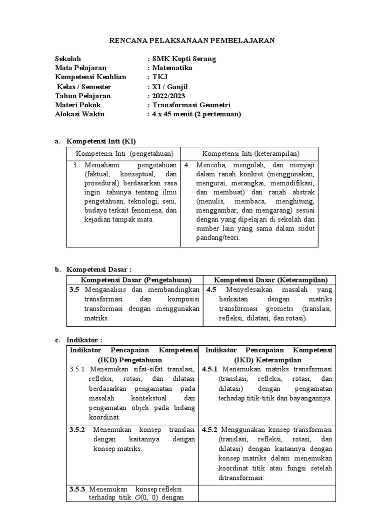 RPP Transformasi Geometri Kelas Xi SMK | PDF