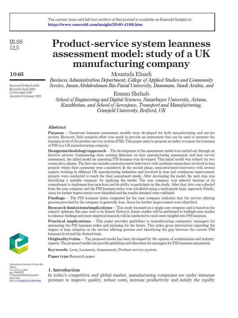 SHEHAB - Product-Service System Leanness Assessment Model Study of A UK Manufacturing Company ...