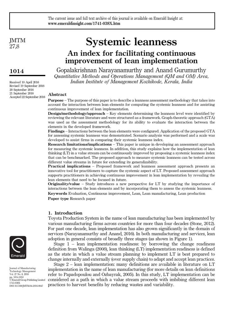 Narayanamurthy - Systemic Leanness An Index For Facilitating Continuous Improvement of Lean ...