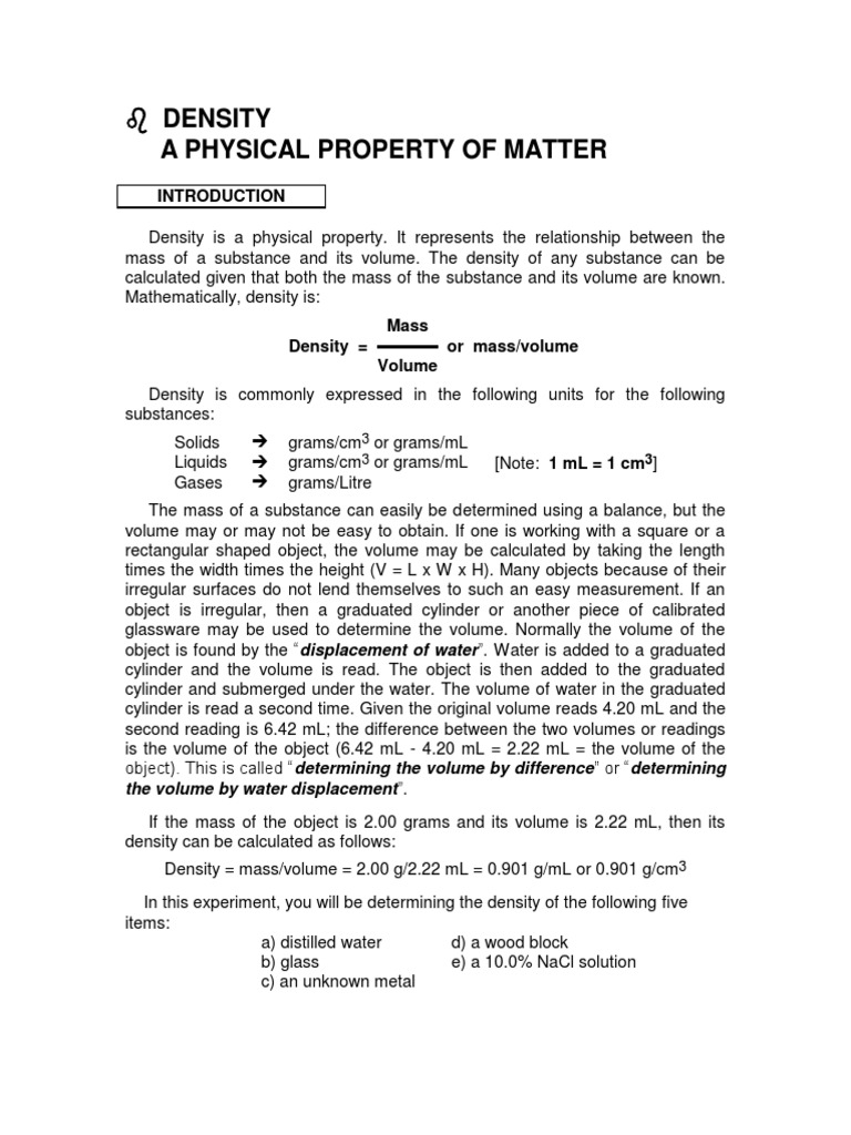 Lab 2 - Density A Physical Property of Matter | PDF | Density | Litre