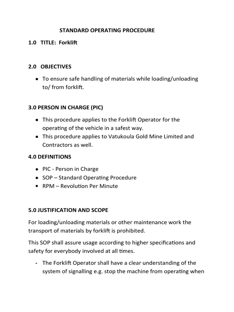 Forklift Standard Operating Procedure | PDF | Technology & Engineering