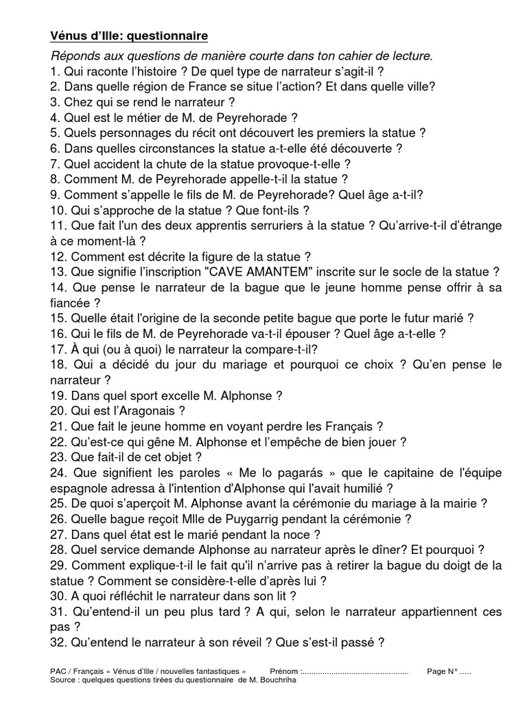 Questionnaire sur "La Vénus d'Ille" | PDF | Mystère, thriller et ...