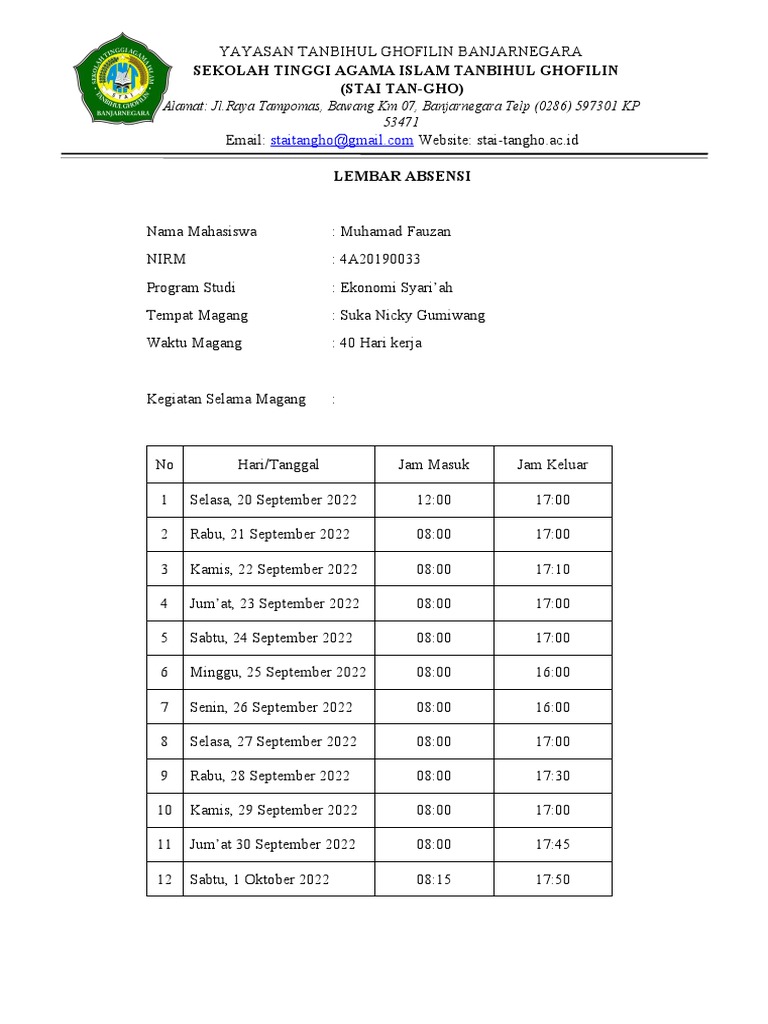 Lembar Absensi Magang Ojan | PDF