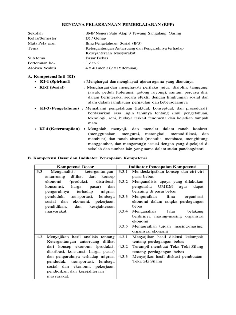 Perangkat Pembelajaran Ips Materi Pasar Bebas Kelas Ix SMP Satap 3 TSG | PDF