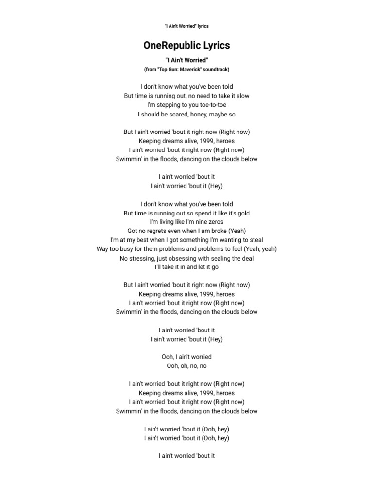 OneRepublic - I Ain't Worried Lyrics | PDF