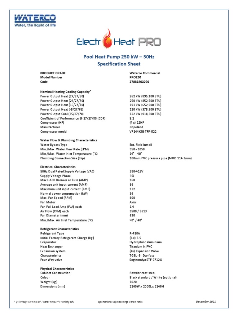 HeatPump-Specification Sheet Electroheat Pro 250kW 50Hz Heat Cool Dec ...