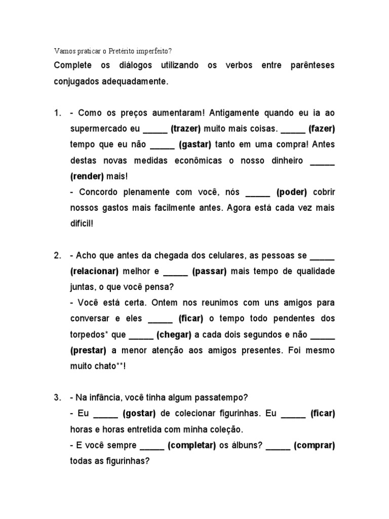 Exercícios Com Os Verbos No Pretérito Imperfeito | PDF