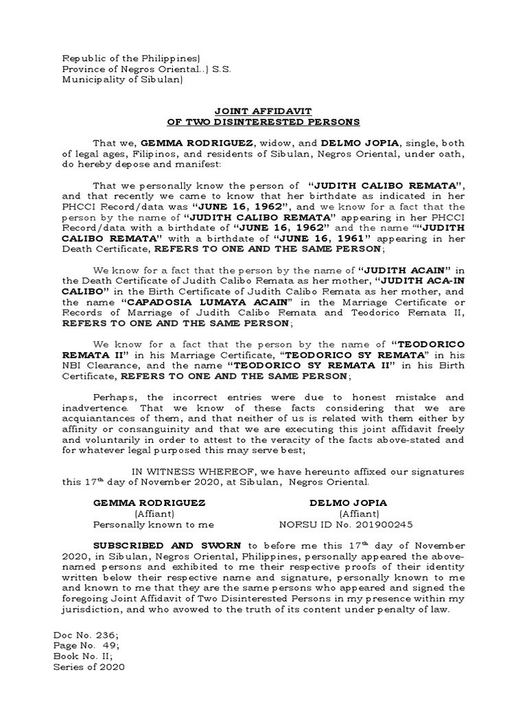 Joint Affidavit NEW (One and The Same) - TEODORICO REMATA | PDF ...