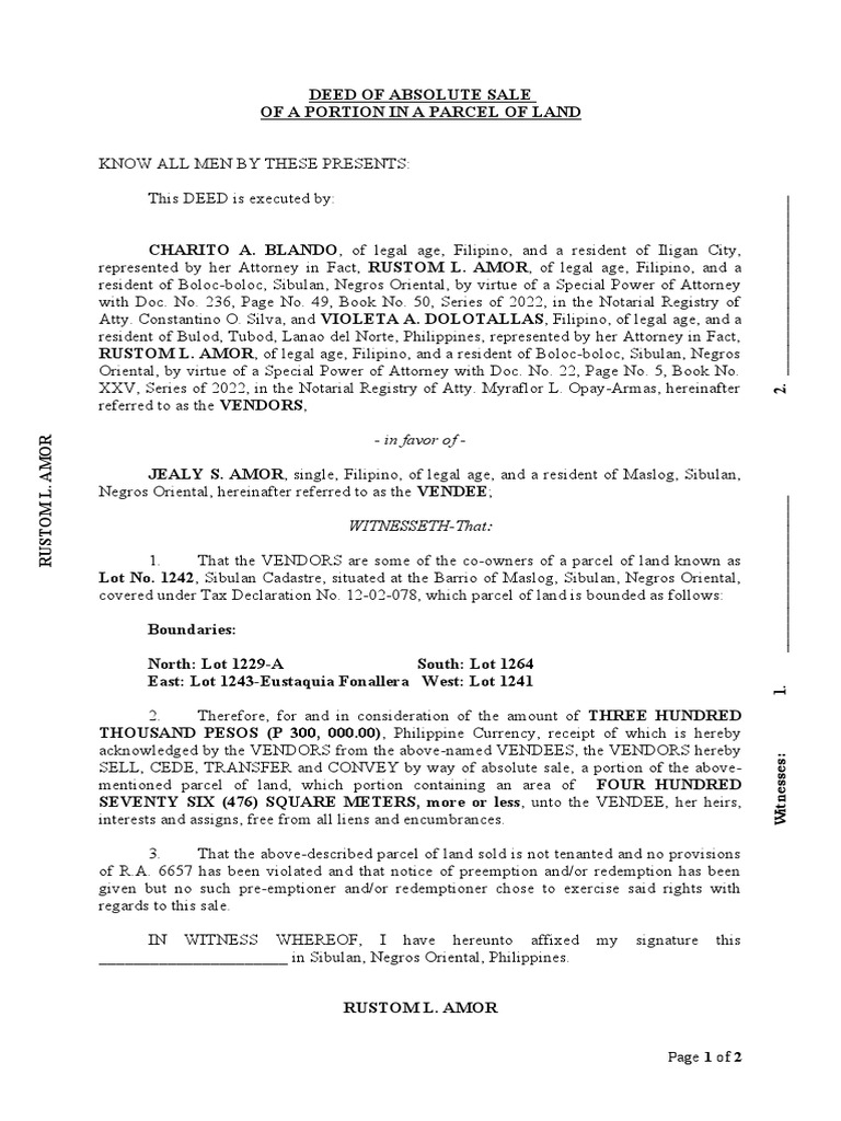 DEED OF SALE OF A PORTION OF A PARCEL OF LAND - Amor | PDF