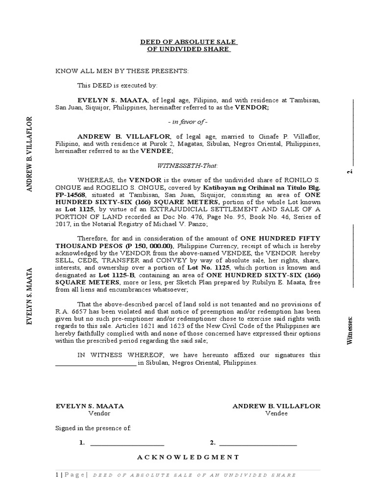 Deed of Sale of A Portion of A Parcel of Land - Maata | PDF | Justice ...