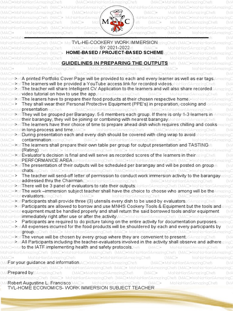 Guidelines in Preparing The Outputs (TVL-COK - Work Immersion) | PDF
