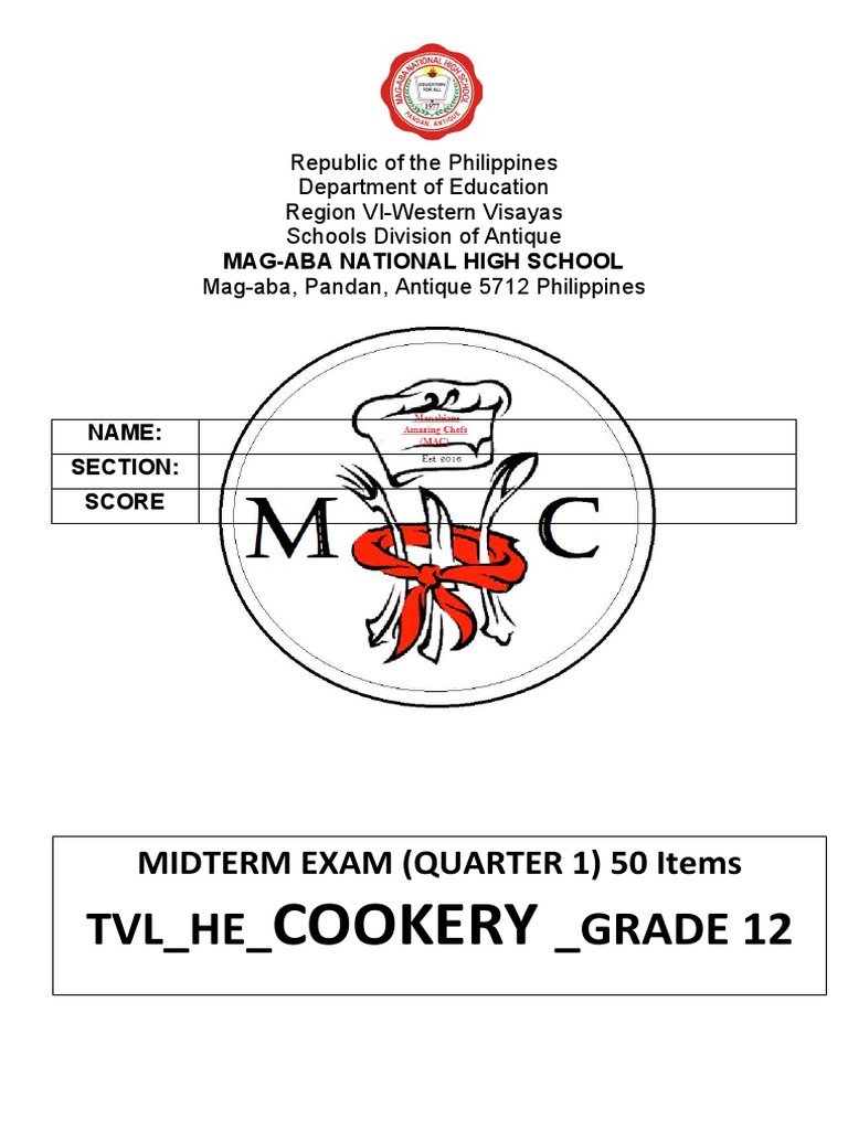 Midterm Examination for Grade 12 TVL Cookery Students on Fundamental ...