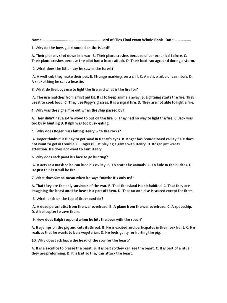 Lord of the Flies Final Exam Questions | PDF