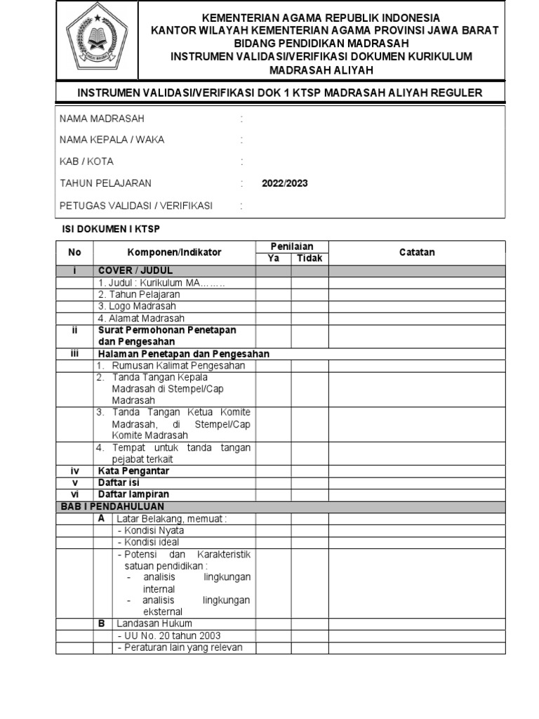 Instrumen Validasi-Verifikasi Dokumen Kurikulum Madrasah Aliyah 2022 | PDF | Karier & Perkembangan