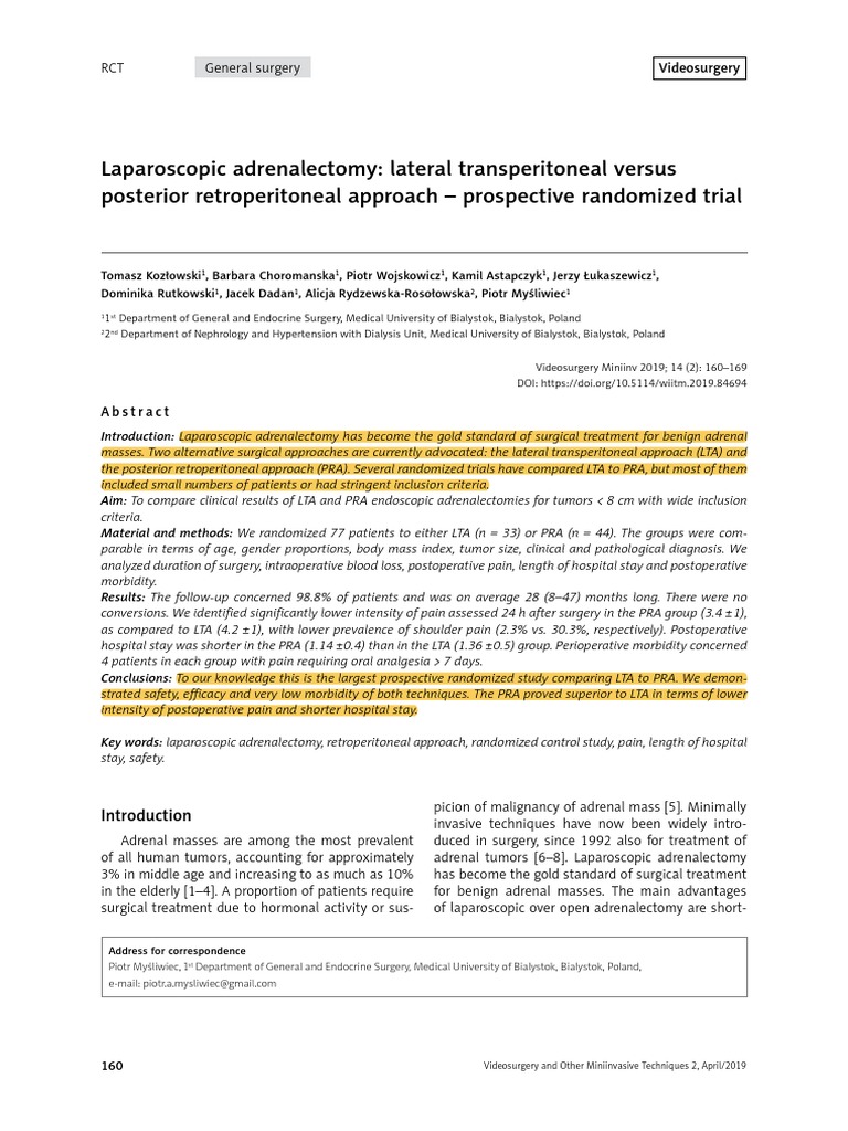 Laparoscopic Adrenalectomy Lateral Transperitoneal | PDF